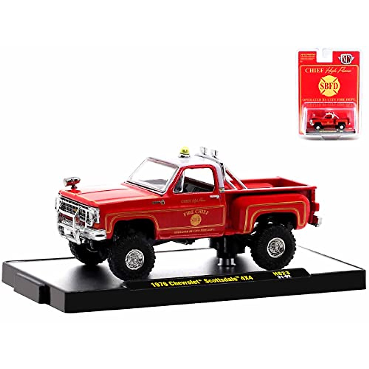 1976 Chevy Scottsdale 10 4x4 Fire Chief Pickup Red High Flame SBFD City Fire Department Ltd Ed to 8800 pcs 1/64 Diecast M2 Machines 31500-HS23