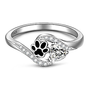 LOVGIFSET Dog Cat Paw Print Ring Pawprint Ring for Women Paw Rings Sterling Silver Paws Prints On My Heart Puppy Pet Jewelry Size 9