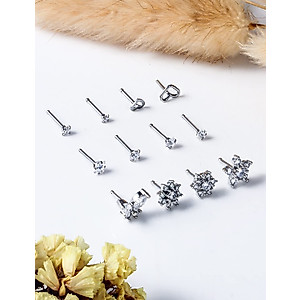 20G Flower Nose Rings for Women 316L Surgical Stainless Steel L Shaped Nose Studs Screw Bone butterfly Nose Rings Heart-Shaped Nose Studs Nostril Piercing Diamond CZ 2mm 2.5mm 3mm Silver 12pcs