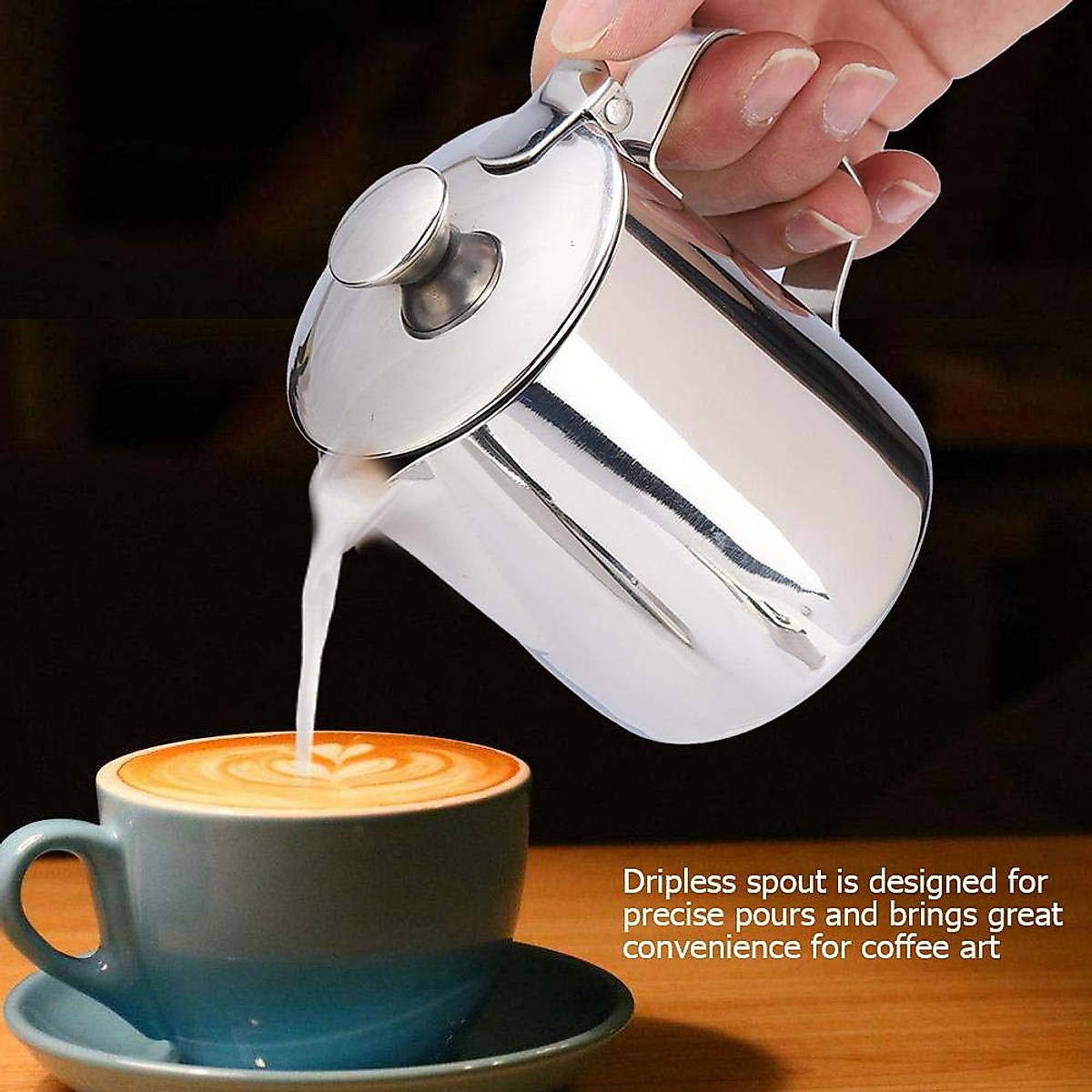 Stainless Steel Milk Frothing Pitcher, Baristas Tools Cup with Lid Espresso Coffee Milk Frothing Jug Latte Art(350ml)