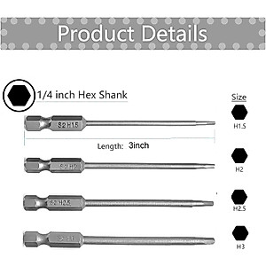 Hex Bit Set 4in1, SKZIRI Hex Head 1.5, 2.0 2.5 3.0mm Allen Wrench Drill Bit Set 1/4" Hex Shank 3inch Long Screwdrivers Bit for RC Repair Electric Screwgun/Power Drill RC Hobby Tool Kit