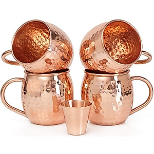 Willow & Everett Set of 4 Moscow Mule Copper Mugs with Copper Shot Glass - 4 16oz Copper Moscow Mule Mugs - Solid Copper Hammered Mug - Copper Cups for Moscow Mules