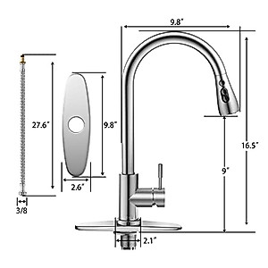 Kitchen Faucet with Pull Down Sprayer and Deck Plate Modern Single Handle 360°Swivel High Arc Brushed Nickel Sink Faucet Stainless Steel Kitchen Sink Tap, 3-Modes Spray
