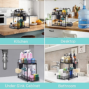 UHIAGREE Under Sink Organizers and Storage, 2 Tier Under the Sink Organizer with Pull out Sliding Drawers, Under Kitchen Sink Organizers and Storage with Hooks Hanging Cup for Kitchen Bathroom
