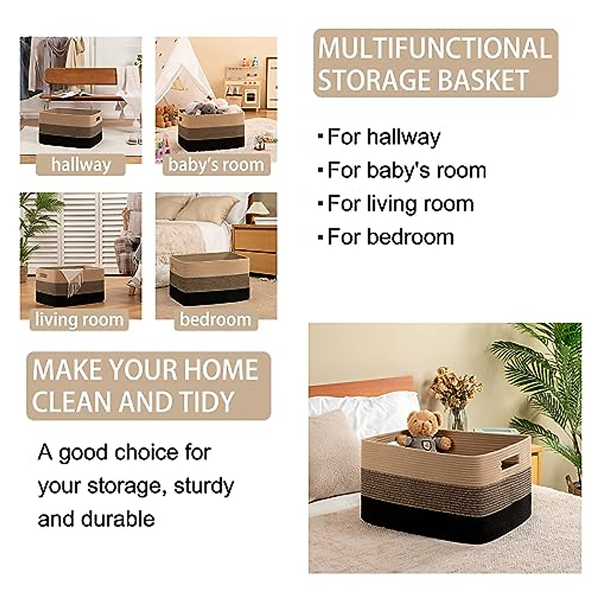 OIAHOMY Large Cotton Rope Basket, Rectangle Woven Baskets for Storage, Nursery Blanket Basket Living Room, Toy Basket with Handle, Large Baskets for Organizing-22”x17”x12”-Yellow Black