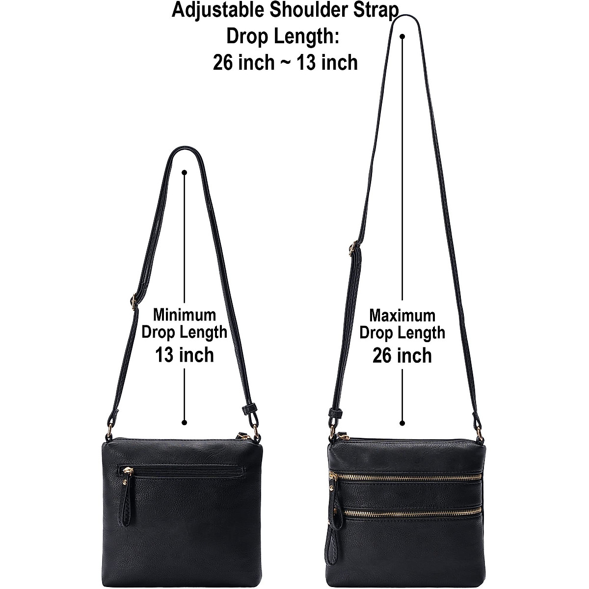 Solene Crossbody Bag Functional Multi Pocket Double Zipper Purse with Adjustable Strap-WU085(Black)