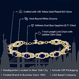 Gem Stone King 18K Yellow Gold Plated Silver Oval Blue Sapphire Tennis Bracelet For Women (9.71 Cttw, 7 Inch, With 1 Inch Extender)