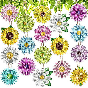 Augisteen 12 PCS Flowers Diamond Painting Keychains Daisy Sunflower Diamond Art Key Rings Double Sided Full Drill Diamond Keychains Colorful Flowers Hanging Ornaments for DIY Crafts Home Party Decor