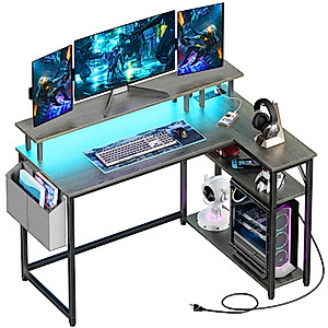 Mr IRONSTONE L Shaped Desk with Power Outlets & LED Lights, Computer Desk with Long Monitor Stand, 47 Inch Office Desk, Corner Desk for Small Space, Home Office Desk, Black Oak