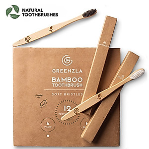 Greenzla Biodegradable Bamboo Toothbrushes, 12 Pack Sturdy BPA Free Soft Bristles Toothbrushes for Adults with Toothbrush Travel Case & Charcoal Dental Floss, Organic & Compostable Wooden Toothbrushes