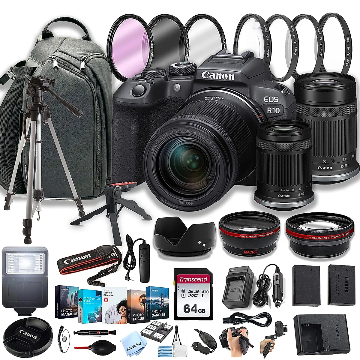 Canon EOS R10 Mirrorless Digital Camera with RF-S 18-150mm f/3.5-6.3 is STM Lens + 55-210mm f/5-7.1 is STM Lens + 64GB Memory Cards, Professional Photo Bundle (42pc Bundle)
