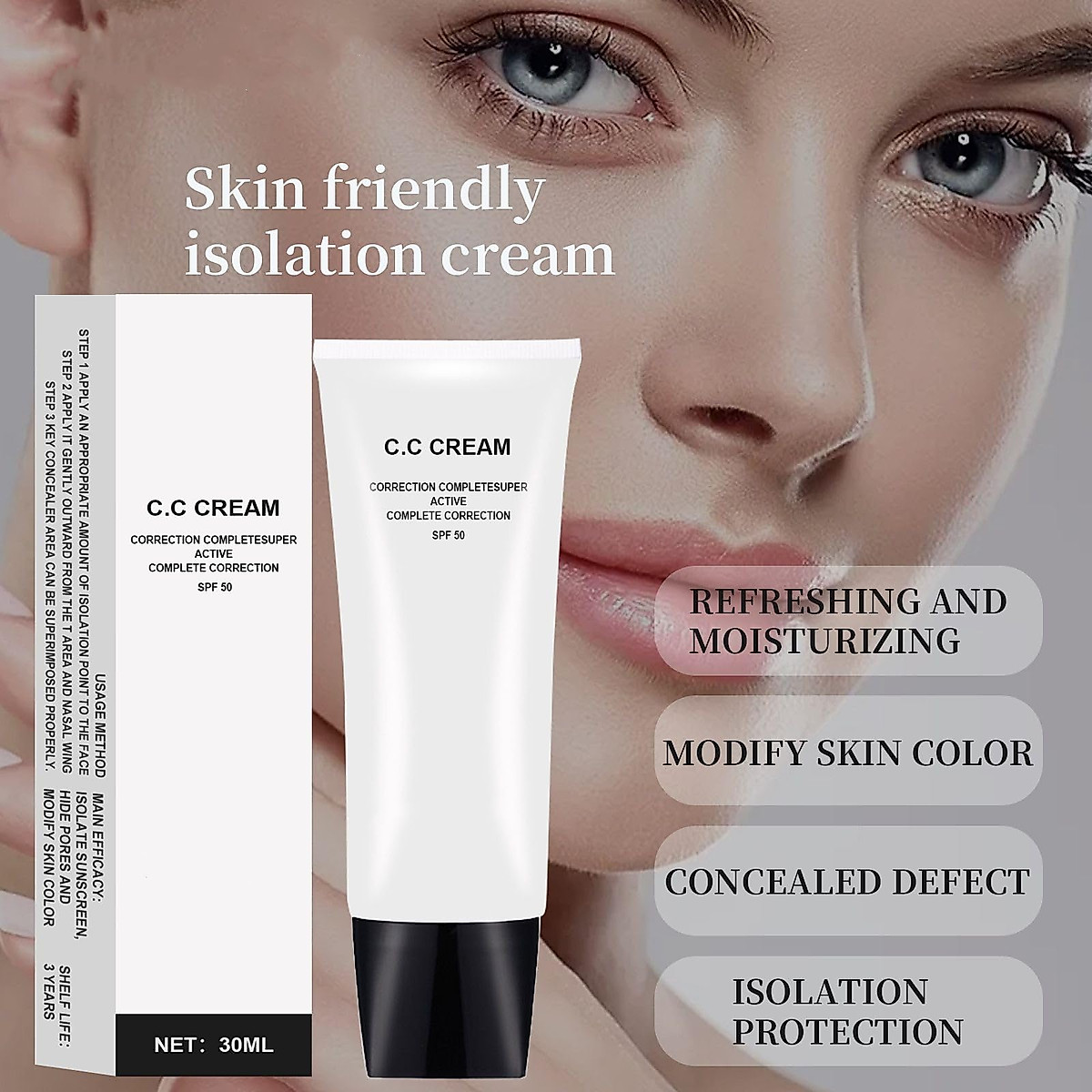 OBRVE 2PCS Natural Skin Tone Adjusting CC Cream SPF 50,Cosmetics CC Cream,All-In-One Face Sunscreen and Foundation,Colour Self