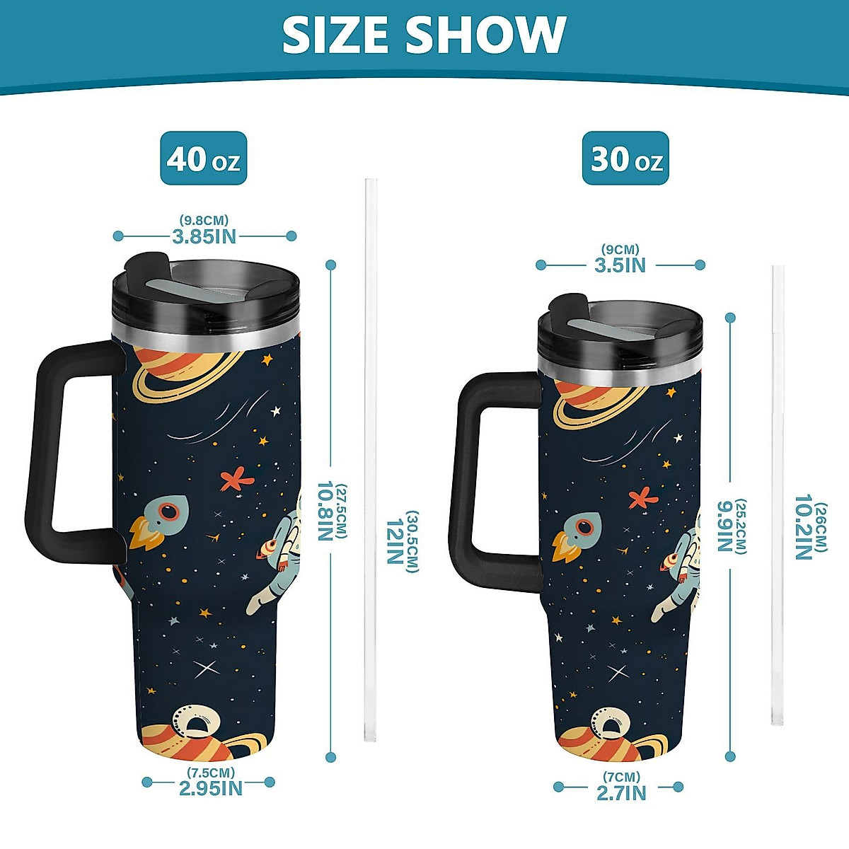 FRCSDIY Cartoon Planet Insulated Tumbler with Handle and Straw Lid,40oz Leakproof Stainless Steel Cup BPA-Free Water Bottle