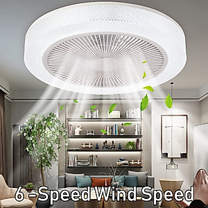 PIVFEDGX Modern Ceiling Fan with Light and Remote Control, Bedroom Semi-Closed Bladeless Low Profile Fan, LED 3000-6500K Dimmable Lighting, 6 Speed Wind Speed Reversible Blades 18in