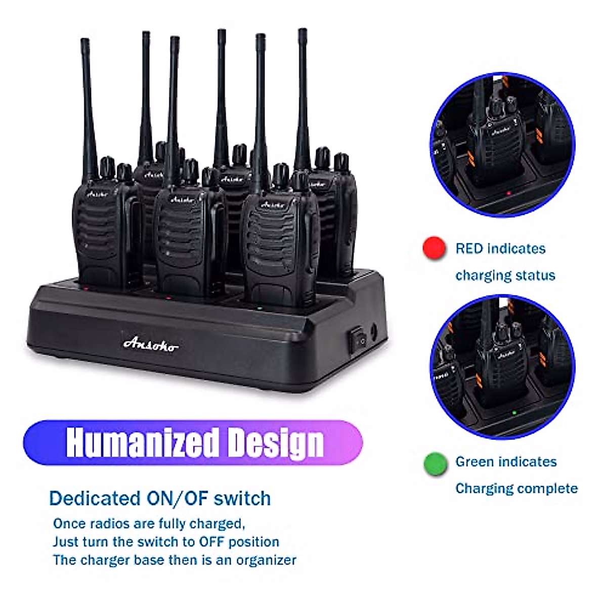 Ansoko Walkie Talkies for Adults Long Range Rechargeable 2-Way Radio Walkie Talkie with 6-Bank Gang Charger and Spare Batteries (6 Pack)