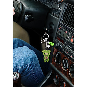 AuPra Green Teddy Bear Crystal KeyChain Gift Women Bling Rhinestones KeyRing Home Car Bag Clip Key Holder Lady Girl Tassel Present