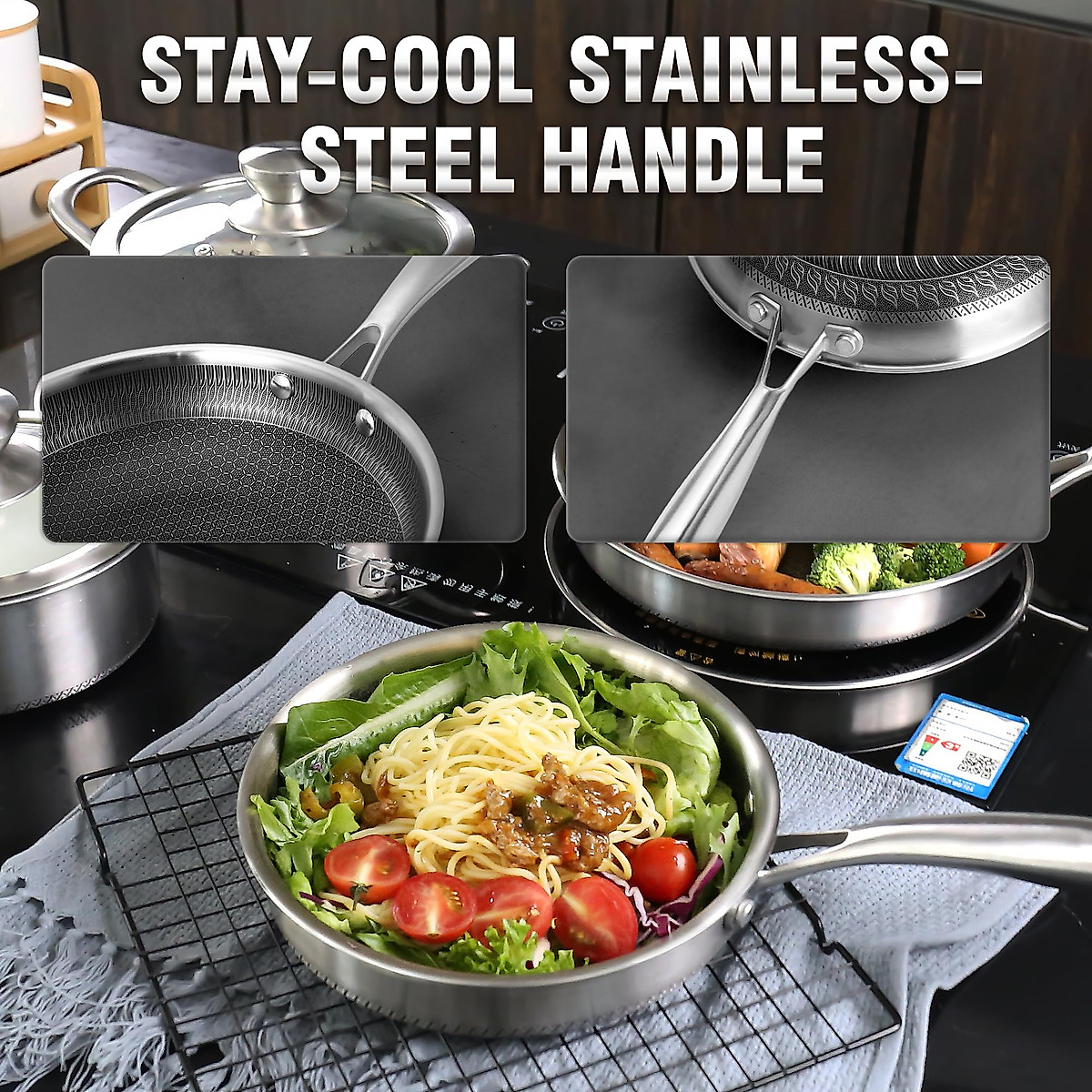 AuFranc® Hybrid Nonstick 9.5 Inch Stainless Steel Frying Pan, Induction Fry Pan with Honeycomb Carving, Non-stick Skillet Suitable for All Cooktops, Stay-Cool Handle, Non-Toxic, Dishwasher & Oven Safe