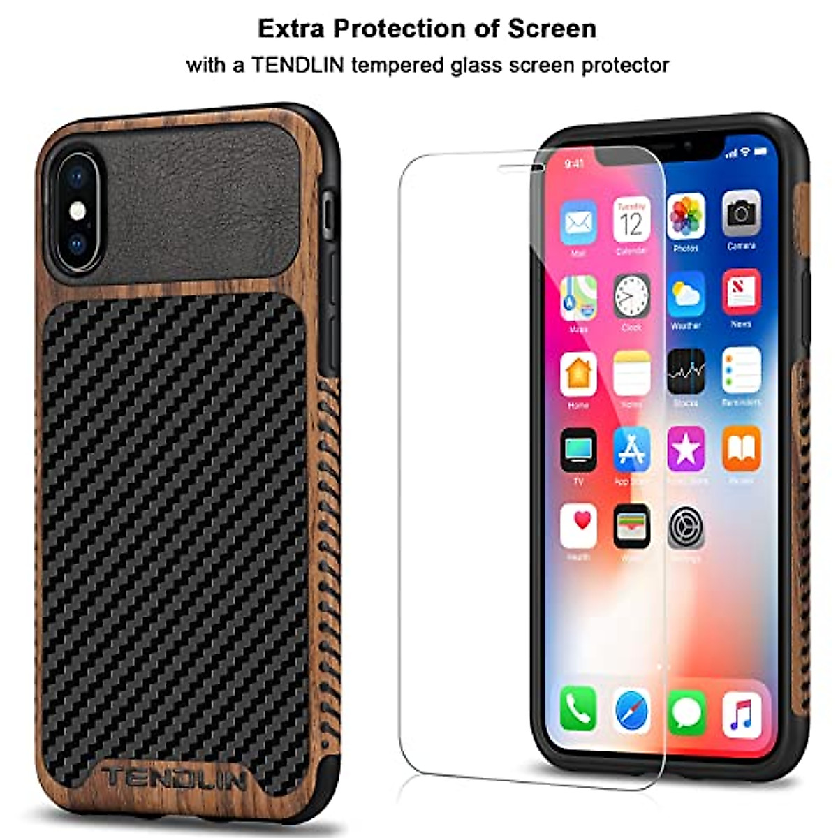 TENDLIN Compatible with iPhone Xs Max Case Wood Grain with Carbon Fiber Texture Design Leather Hybrid Slim Case Compatible with iPhone Xs Max