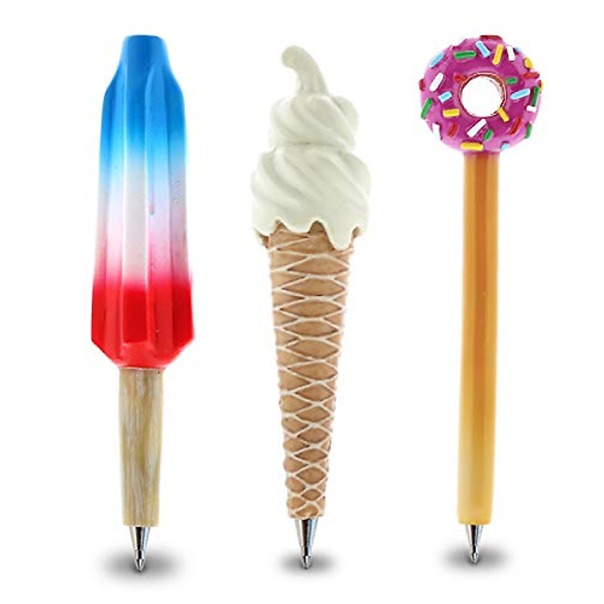 Planet Pens Bundle of Cute Treats: Sparkle Pink Donut, Vanilla Cone Ice Cream, & Ice Treat Novelty Pens - Fun Unique Office Supplies Ballpoint Pens For School & Office - 3 Pack