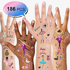 Konsait 186pcs Kids Tattoo Kits, Fake Waterproof Temporary Tattoos Ballet Girls Tattoos for Children's Birthday Party Bags Filler Gift Birthday Party Favors,Dancing Girl Tiara Rose Star LOVE