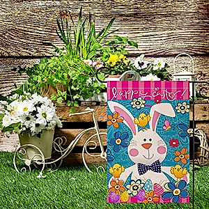Happy Easter Garden Flag, Double Sided 12” x 18” Linen Tulip and Bunny Yard Flag for Spring Outside Yard Outdoor Farmhouse Easter Decorations (Blue)