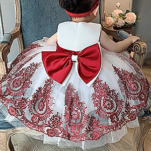 AVAZU 0-6T Easter Big Bowknot Pageant Lace Embroidery Dress Toddler Baby Girls Party Ball Gown Dress Tutu Gown Formal Dresses with Headwear Red+White 70