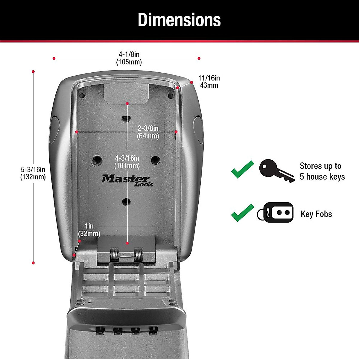 Master Lock Heavy Duty Wall Mount Key Box, Outdoor Mounted Lock Box for House Keys Safe with Combination Lock, 5 Key Capacity, Zinc, 5415D