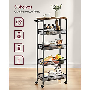 VASAGLE Slim Rolling Cart, 5-Tier Storage Cart, Narrow Cart with Handle, 8.7 Inches Deep, Metal Frame, for Kitchen, Dining Room, Living Room, Home Office, Rustic Brown and Black ULRC035B01