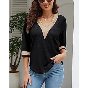 LIOFOER Women's Casual 3/4 Sleeve Shirts Lace V Neck Color Block Dressy Tops Trendy Hollow Floral Blouses T Shirts S-XXL Black