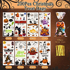 shynek 200 Pcs Halloween Treat Bags for Candy, Halloween Cellophane Goodie Bags Bulk Plastic Clear Candy Bags Trick or Treat bags with Twists for Halloween Party Favors Snacks Cookies Packing