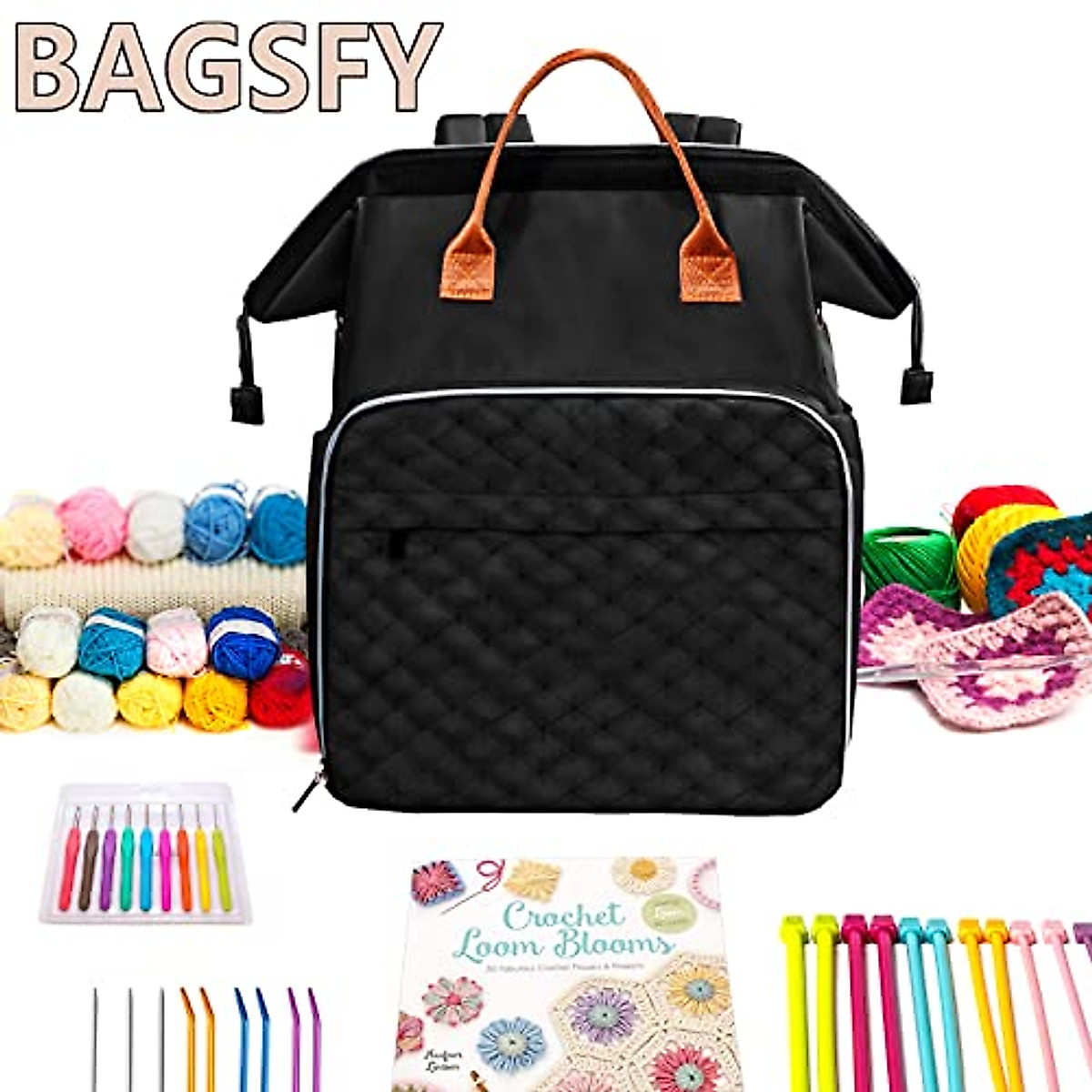BAGSFY Knitting Bag Backpack, Large Yarn Bag for Crocheting, Crochet Bag Organizer, Yarn Storage Travel Bag, Crochet Bags and Totes, Knitting Tote Bag for Knitting Accessories and Projects（Black）
