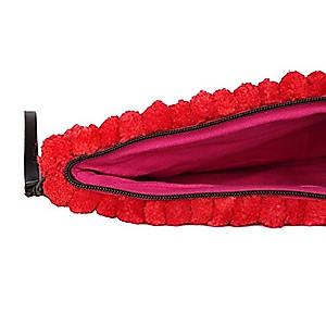 Red Pom Pom Clutch Bag with Embroidered Hmong Tribes Orchid Pattern