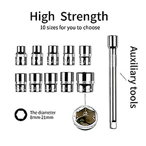 Egofine 12pcs 3/8 Inch Ratchet Socket Wrench Set, Drive Socket Set with 10 Sockets 8-14,17,19,21mm and 2 Way Quick Released Ratchet Handle and Extension Bar