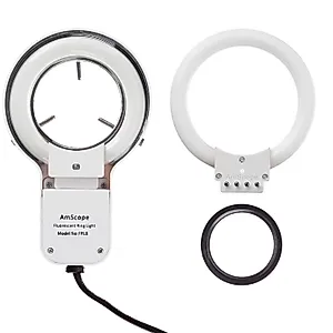 AmScope SM-4BZ-FRL Professional Binocular Stereo Zoom Microscope, WH10x Eyepieces, 3.5X-90X Magnification, 0.7X-4.5X Zoom Objective, 8W Fluorescent Ring Light, Double-Arm Boom Stand, 110V-120V, Includes 0.5x and 2.0x Barlow Lenses