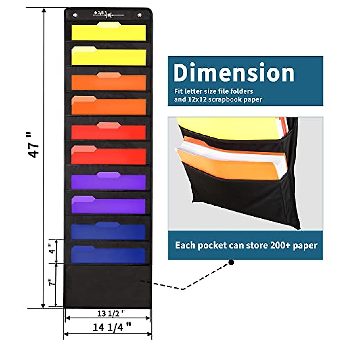 Annecy 10 Pockets Hanging Wall File Organizer, Black Storage Pocket Chart for File Folder and Paper, Space Saver for Office and Classroom, with Wall Hangers, Over The Door Hooks, Labels