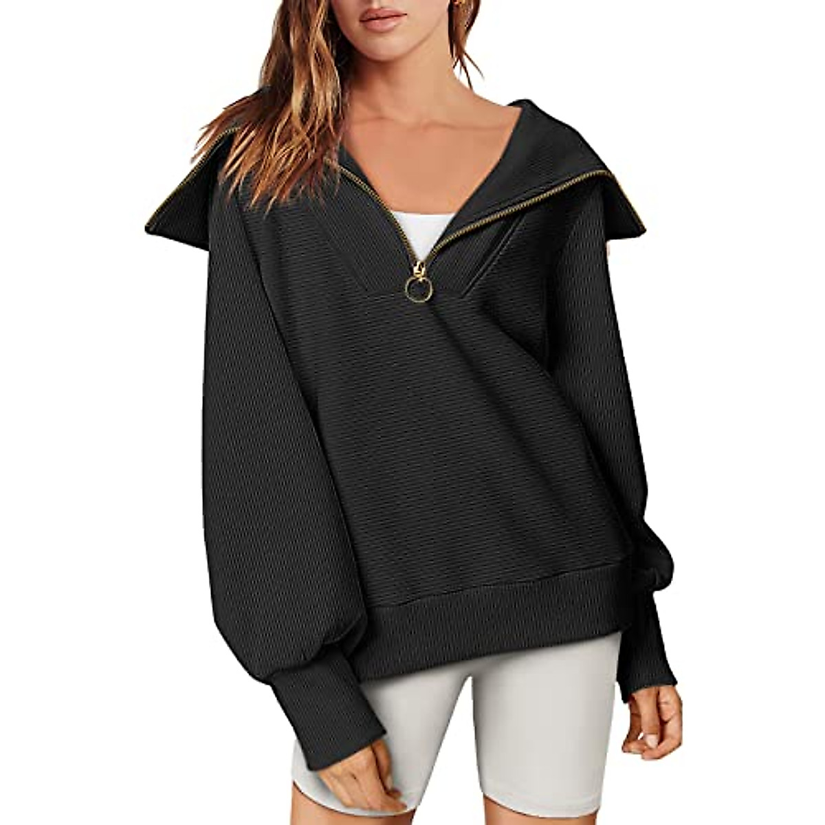 ANRABESS Womens Oversized Half Zip Pullover Sweatshirts Long Sleeve Lapel 1/4 Quarter Zip Up Hoodie Sweater 2023 Trendy Teen Girls Fall Y2k Clothes 808heise-M Black
