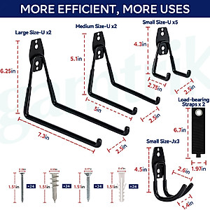 gamtrik 14-Pack Utility Garage Hooks for Hanging- Heavy Duty Garage Wall Hooks, Wall Mount Hooks, Garage Storage Hooks Organization Tool for Garden, Ladders, Bikes Garage Organizers Storage