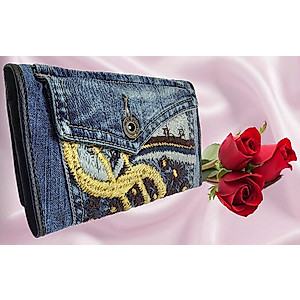 Bijoux de Ja Upcycling Blue Denim Embroidery Flap Cover Pocket Money Long Wallet Purse Clutch for Women (RANDOM)