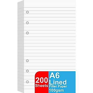 (2 Pack) A6 Lined Refill Paper, 200 Sheets/400 Pages Loose Leaf Paper for Filofax Personal Binders, 6 Holes Punched, 100gsm Ruled White Pages, 3.75'' x 6.75''