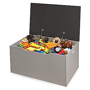 Badger Basket Flat-Top Toy Storage Chest in Grey with Charcoal Lid– Spacious, Safe Toy Box with Dual Safety Hinges and Anti-Pinch Slot