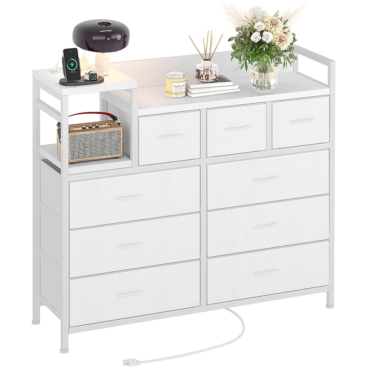 Jojoka TV Stand with Charging Station, Bedroom Dresser for Living Room TV Stand with 9 Drawers, White