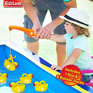 Kidzlane Bathtub Toys Fishing Game - 1 Toy Fishing Pole and 6 Rubber Ducks - Teaches Numbers & Shapes - Great Learning bath toy for Babies, Toddlers & Kids