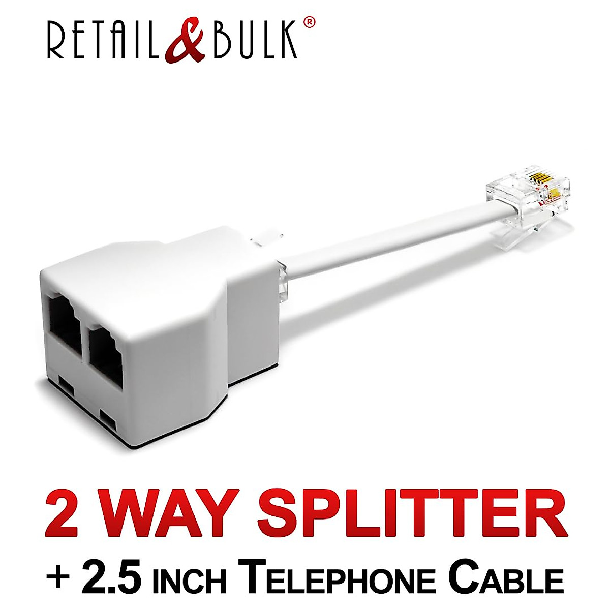 RetailAndBulk Phone Jack Splitter for Landline Telephone RJ11 6P4C 2 Way Adapter (1 Splitter + 3 Inch Cable)