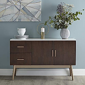 Target Marketing Systems Stacy Mid Century Modern 2-Drawer Dining Room Buffet Cabinet with Gold Tone Accents, 47.25", White/Walnut