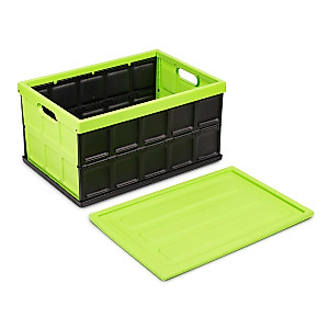 Glad Collapsible Storage Bin with Lid - 48L Foldable Plastic Box for Garage, Car Trunk, and Organization - Stackable Lidded Container with Handles, Green