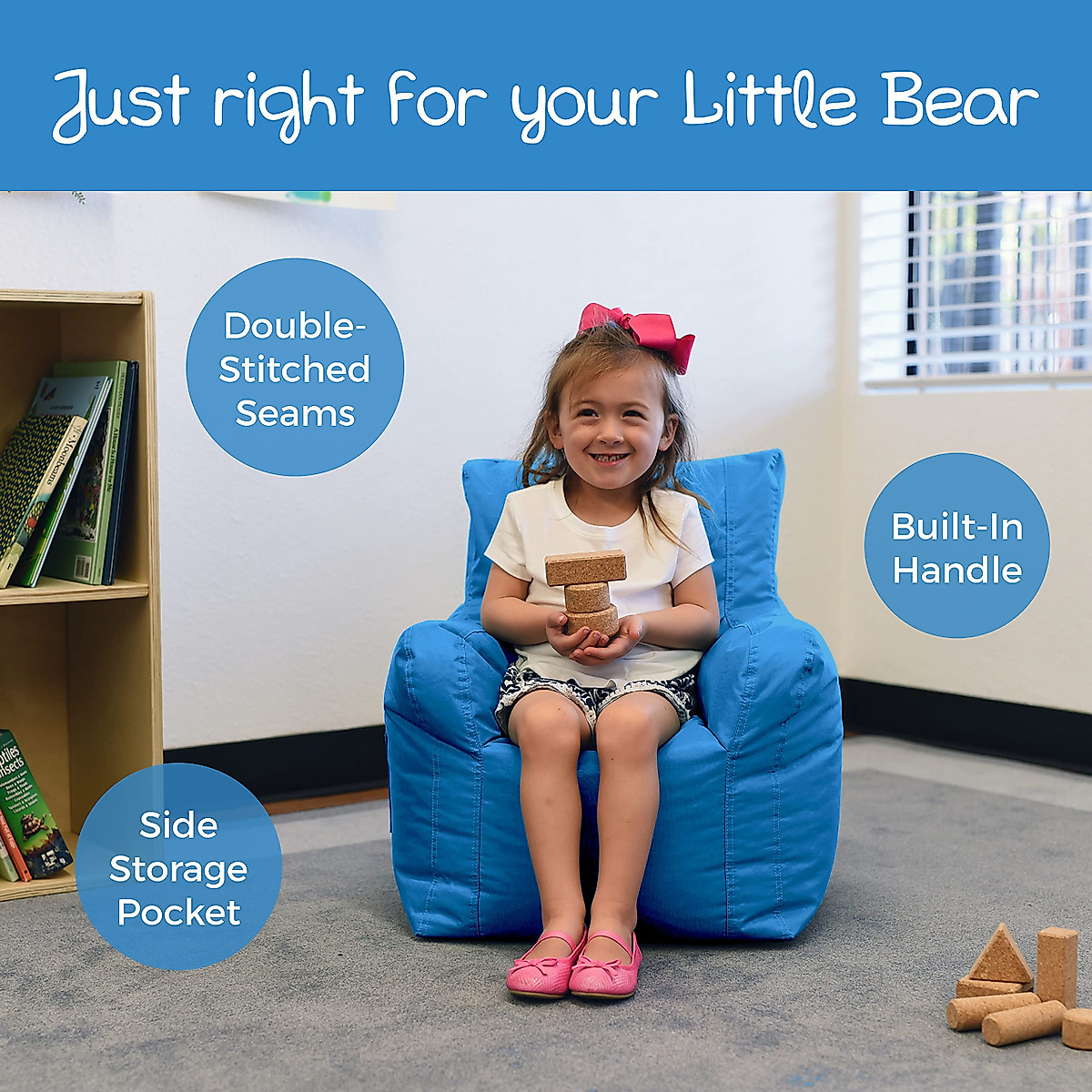 Cali Little Bear Sack Bean Bag Chair, Dirt-Resistant Coated Oxford Fabric, Flexible Seating for Children, Kid's Furniture for Bedrooms, Playrooms, Daycare, Preschool - French Blue (2-Pack)