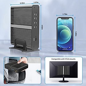 Fanless Mini PC, Kinupute Desktop Computer i7-8565U 1.8-4.6GHz, Windows 11 Pro, 16G DDR4, 256G M.2 SSD, Iris Xe Graphics, HDMI/DP, Dual Display, 4K@60Hz, Gigabit Ethernet, BT5.1, WiFi 6, Auto Power On