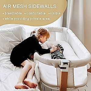 Baby Bassinet Bedside Sleeper, Baby Bed Co-Sleeper with Wheels Storage Basket, Portable Bedside Crib All Mesh, Bedside Bassinet for Baby, Infant Newborn Girl Boy, Adjustable Canopy with Toys