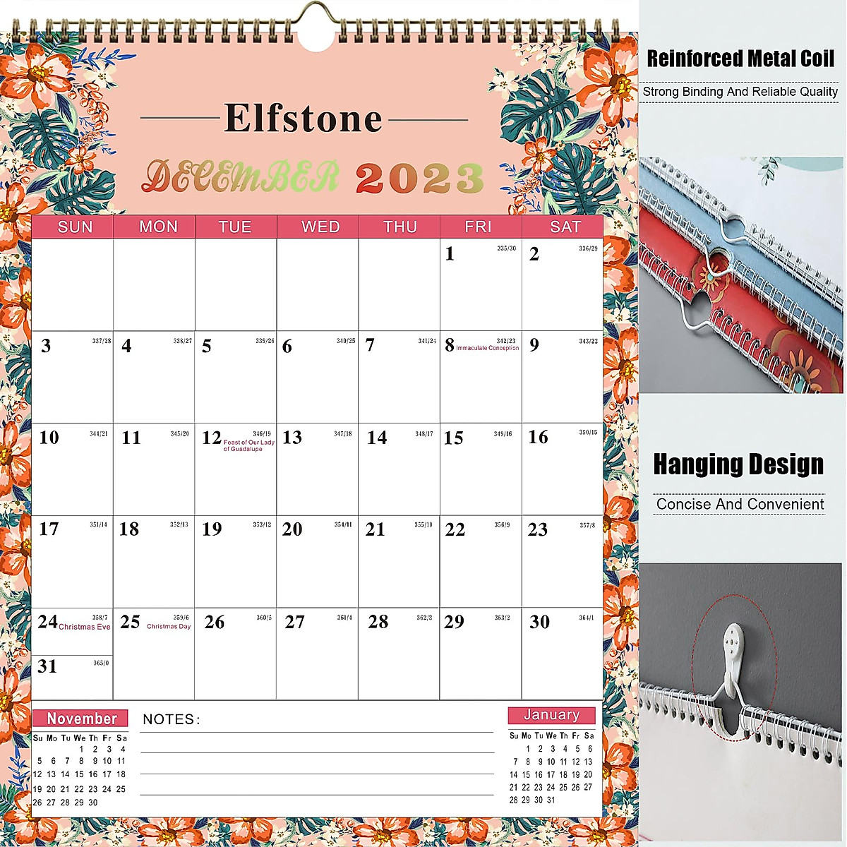 Elfstone 11x14 Inch Light Pink Color Wall Calendar-2023 December- 2024 September-Tear-Off Monthly Calendar with Built-in Hanging