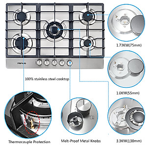 Gas Cooktop, HBHOB 30 Inches 5 Burners Gas Stove Gas Hob Stovetop Stainless 5 Sealed Burners Cast Iron Grates Built-in Gas Stove Top LPG/NG Gas Cooktop Thermocouple Protection and Easy to Clean …